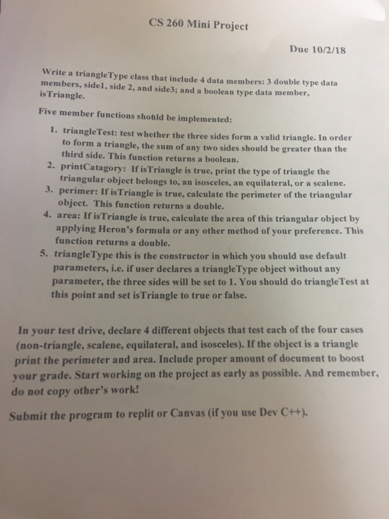 Solved CS 260 Mini Project Due 10/2/18 Write a triangleType | Chegg.com