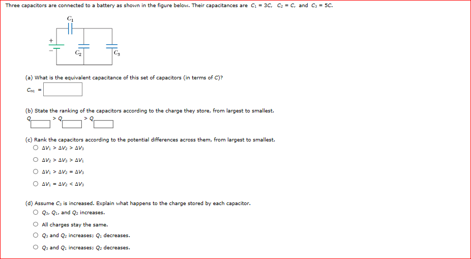 Solved Three capacitors are connected to a battery as shown | Chegg.com