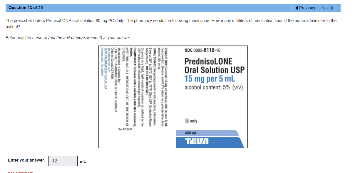 Solved Next Previous NDC 0093-6118-16 PrednisoLONE Oral | Chegg.com