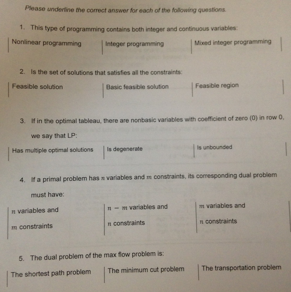Solved Please underline the correct answer for each of the | Chegg.com Solved Please underline the correct answer for each of the | Chegg.com