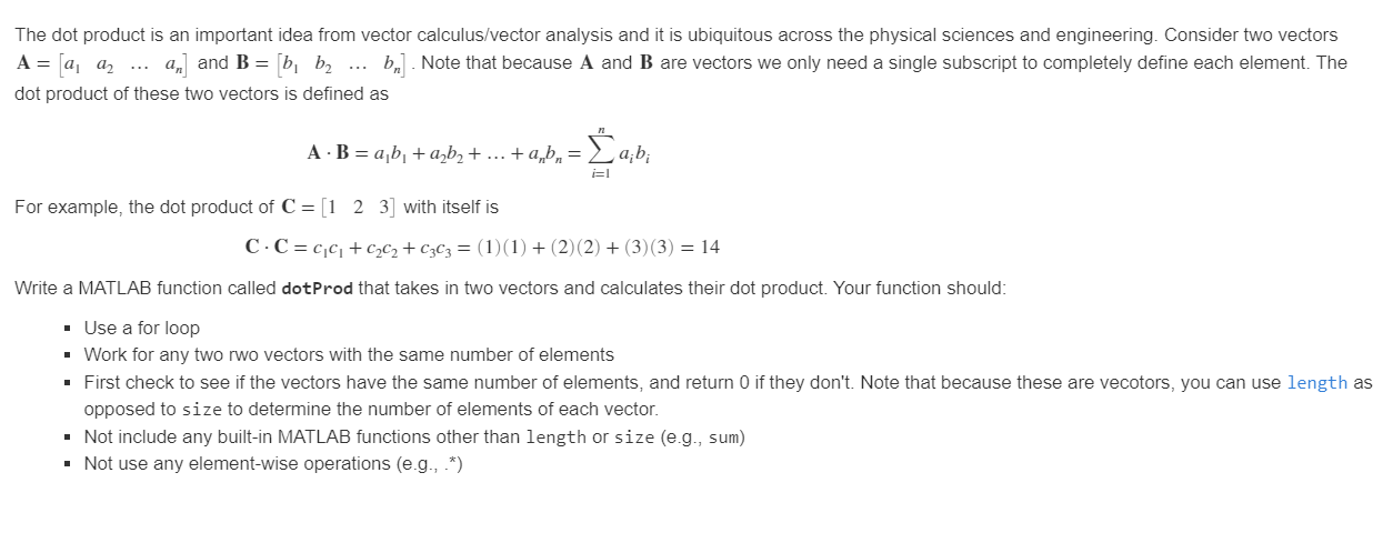 Solved The dot product is an important idea from vector | Chegg.com