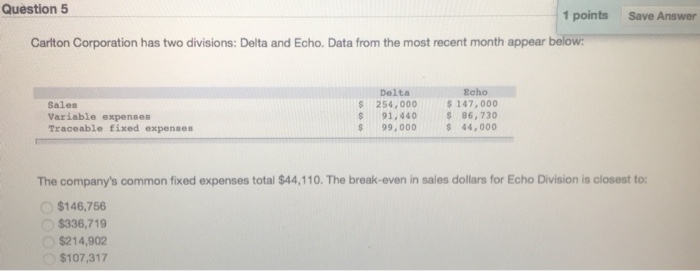 Solved Question 5 1 points Save Answer Carlton Corporation | Chegg.com Solved Question 5 1 points Save Answer Carlton Corporation | Chegg.com