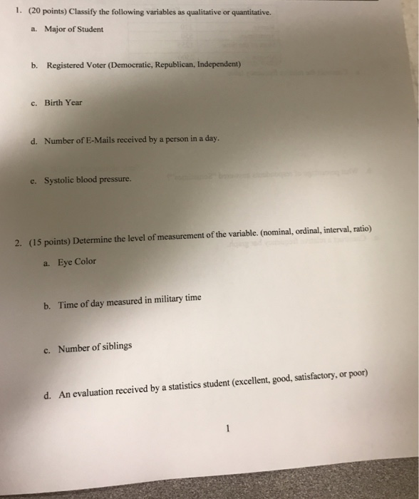 Solved 1. (20 points) Classify the following variables as | Chegg.com