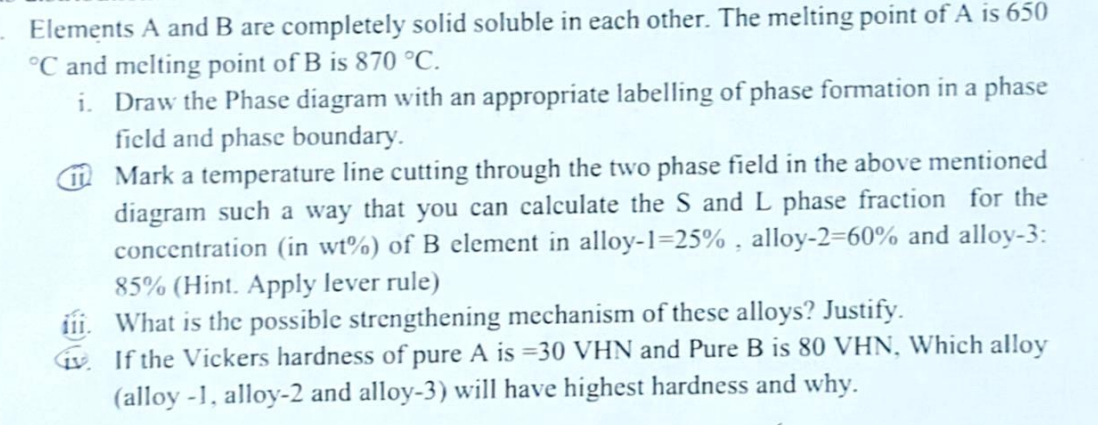 Solved Elements A and B are completely solid soluble in each | Chegg.com