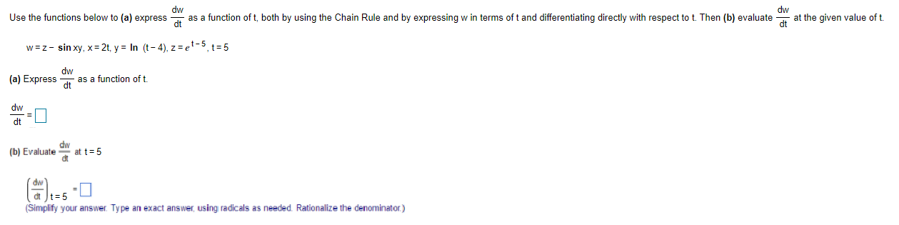 Solved Use the functions below to (a) express dw/dt as a | Chegg.com