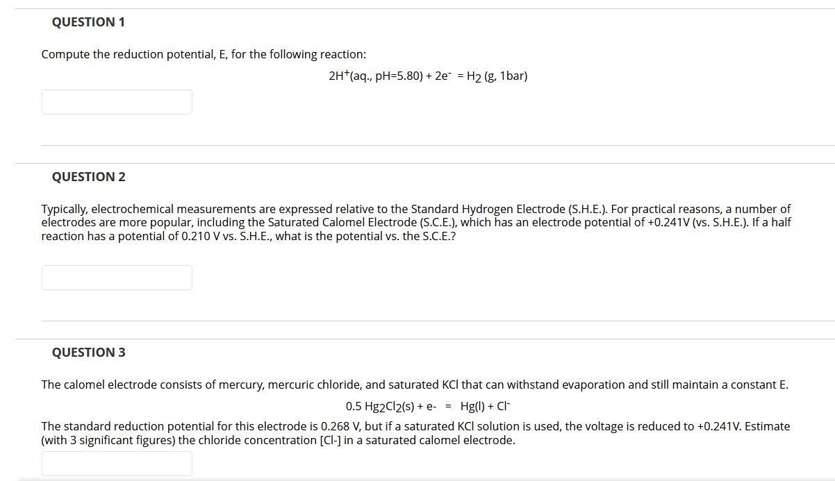 Solved QUESTION 1 Compute the reduction potential, E, for | Chegg.com