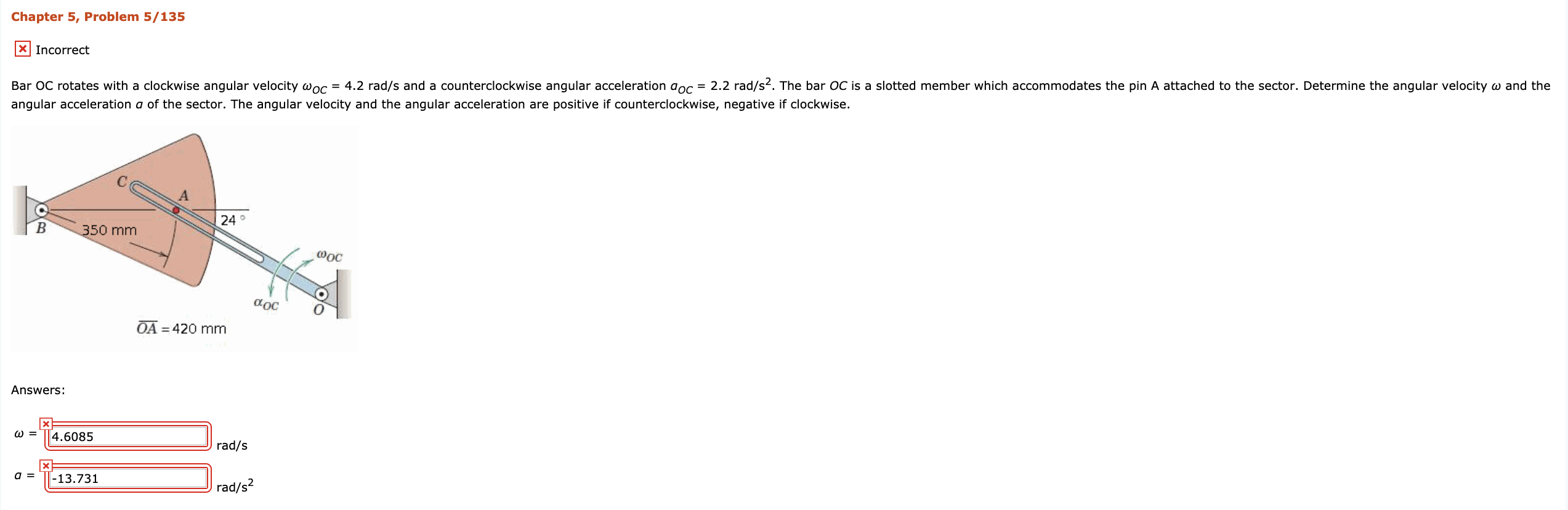 Solved Chapter 5, Problem 5/135 X] Incorrect Bar OC rotates | Chegg.com