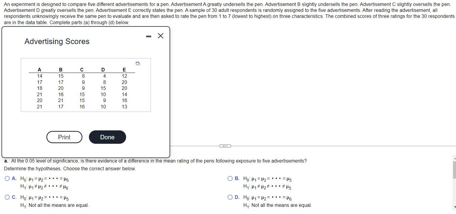 Solved An experiment is designed to compare five different | Chegg.com