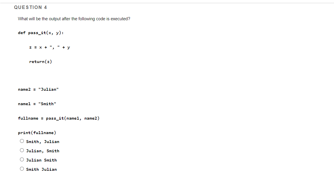 Solved QUESTION 5 Trace the following code: 1 2 3 def | Chegg.com