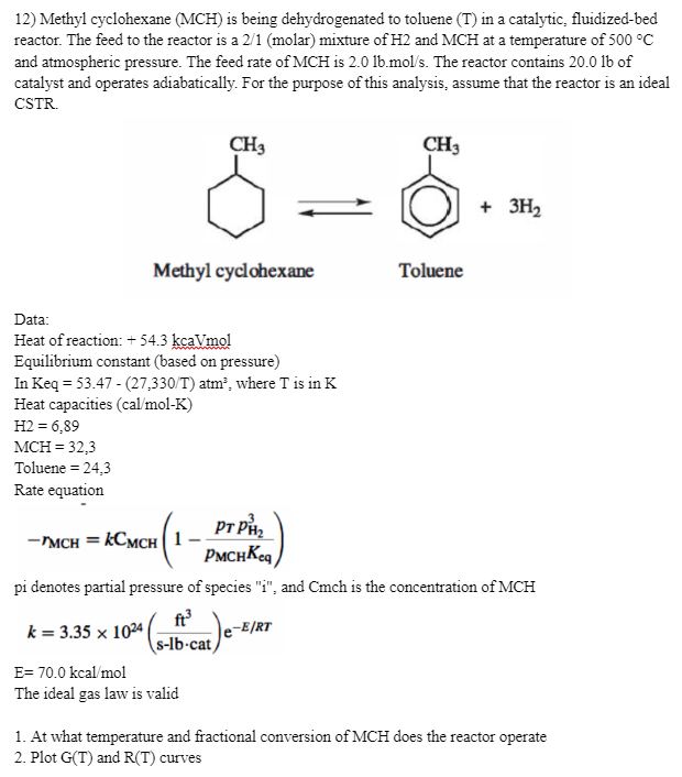 Solved Methyl cyclohexane (MCH) ﻿is being dehydrogenated to | Chegg.com