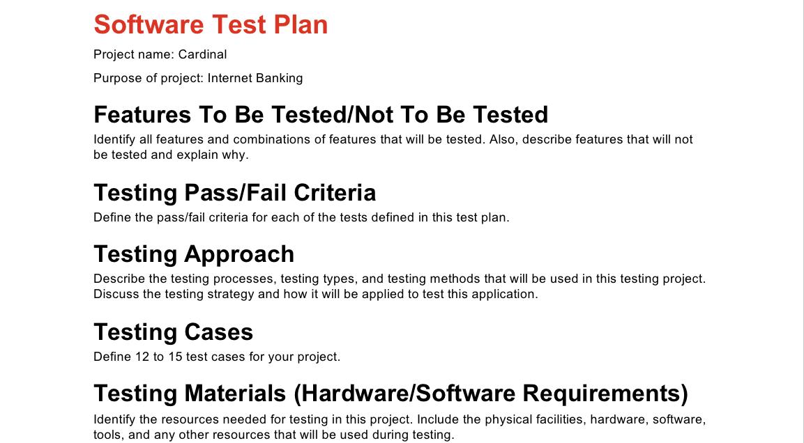 Solved Software Test Plan Project name: Cardinal Purpose of | Chegg.com