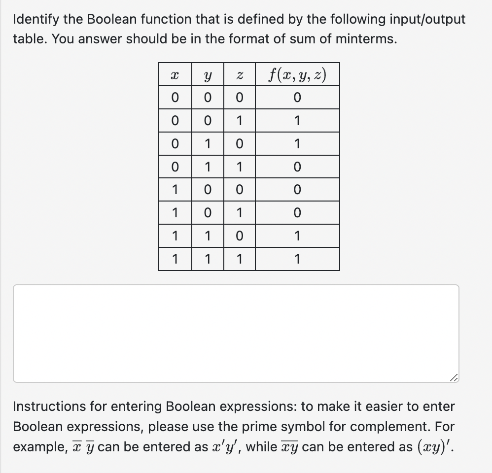 Solved Identify the Boolean function that is defined by the | Chegg.com