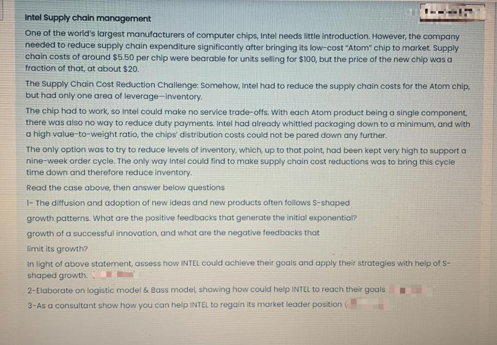 Solved I---! Intel Supply chain management One of the | Chegg.com
