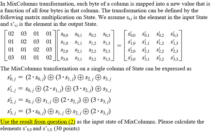 Solved [n MixColumns transformation, each byte of a column | Chegg.com