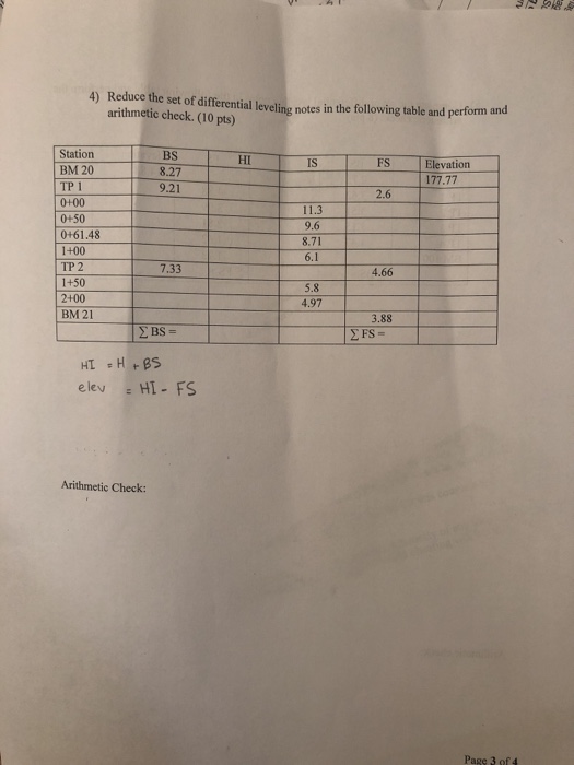 Solved Reduce the set of differential leveling notes in the | Chegg.com