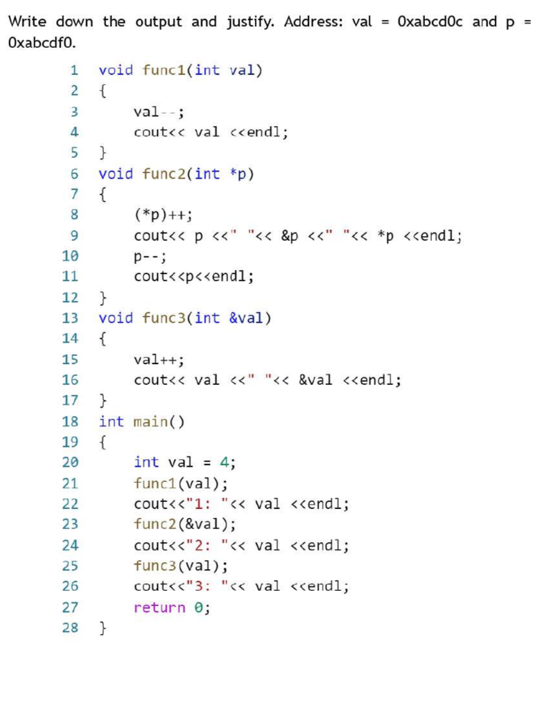 Solved val--; Write down the output and justify. Address: | Chegg.com