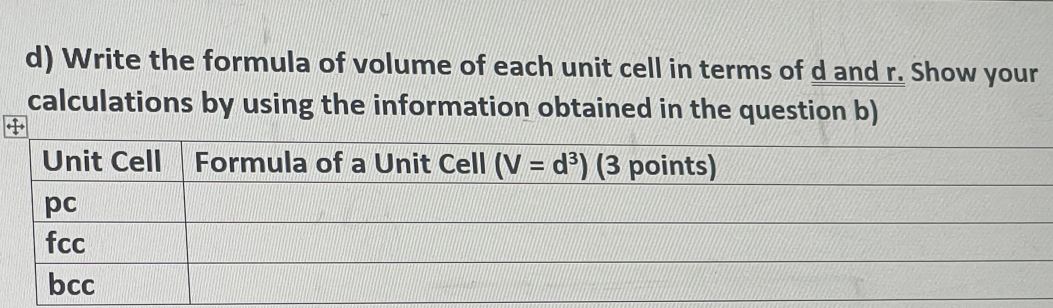 Solved d) Write the formula of volume of each unit cell in | Chegg.com