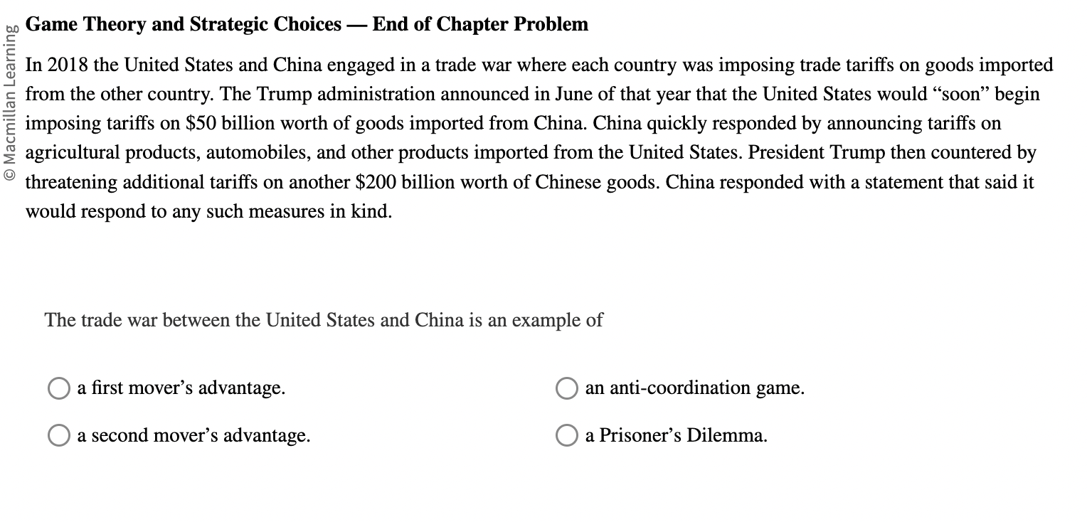 Solved Game Theory and Strategic Choices - ﻿End of Chapter | Chegg.com