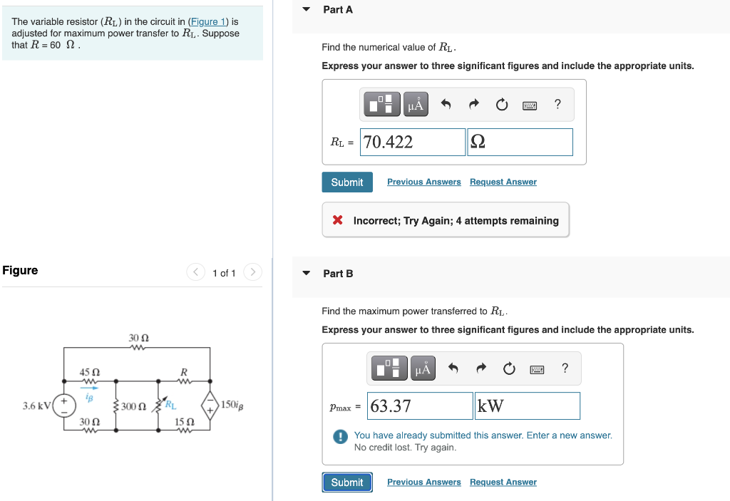 Solved Part A The variable resistor (RL) in the circuit in | Chegg.com