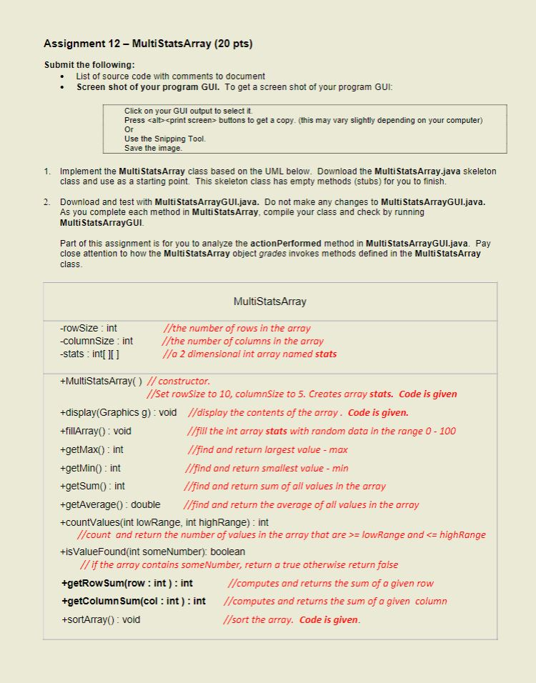 Solved Assignment 12- Multi StatsArray (20 pts) Submit the | Chegg.com