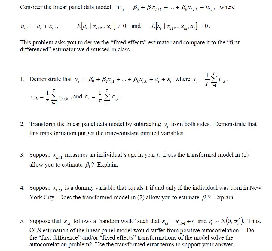 Consider the linear panel data model VP P,. + Pir,k | Chegg.com