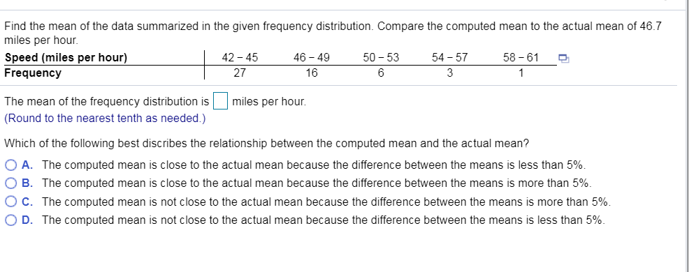Solved Find the mean of the data summarized in the given | Chegg.com