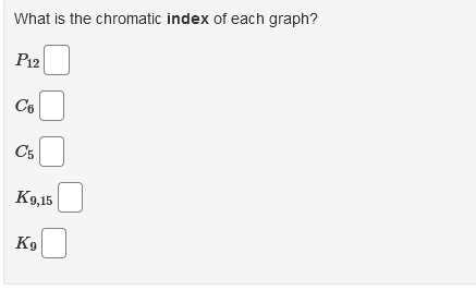 Solved What is the chromatic index of each graph? P12 Co C5 | Chegg.com