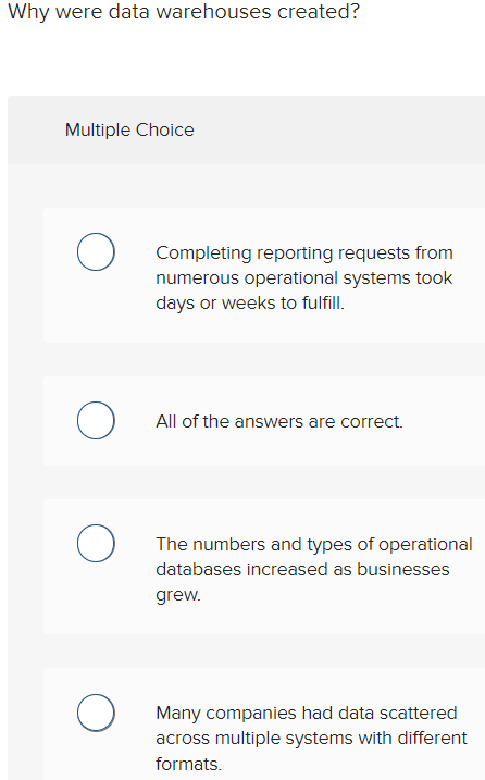Solved Why were data warehouses created?Multiple | Chegg.com