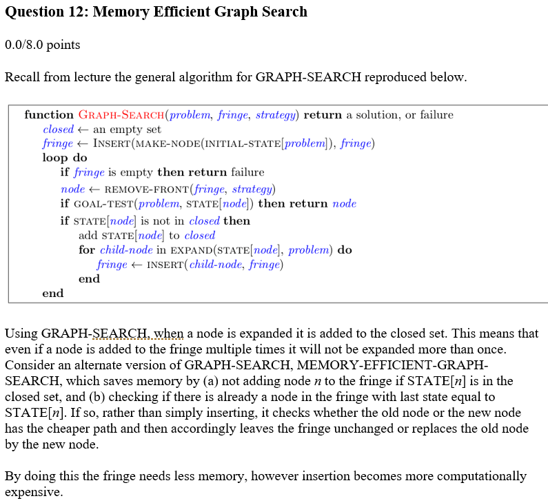 Question 12: Memory Efficient Graph Search 0.0/8.0 | Chegg.com