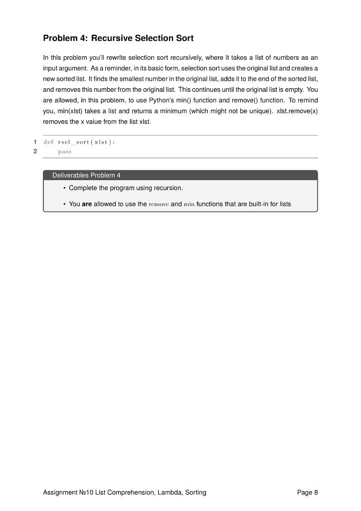 Solved Problem 4: Recursive Selection Sort In this problem | Chegg.com