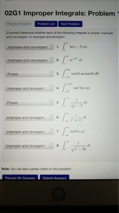 Solved 02G1 Improper Integrals: Problem Previous Problem | Chegg.com