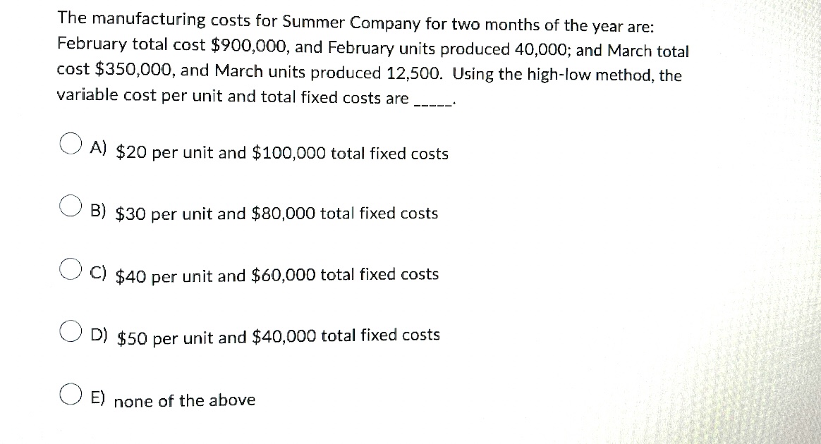 Solved Using the high-low method, the variable cost per unit | Chegg.com