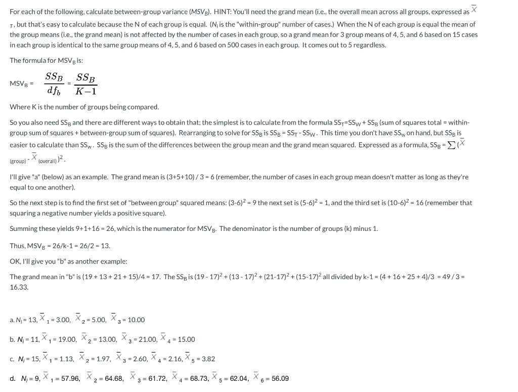 For each of the following, calculate between-group | Chegg.com