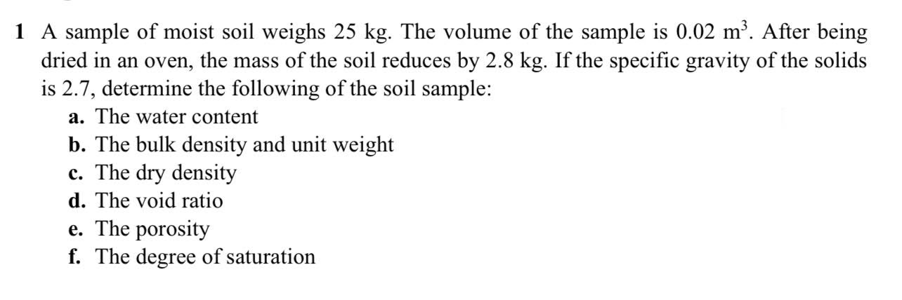 Solved 1 A sample of moist soil weighs 25 kg. The volume of | Chegg.com