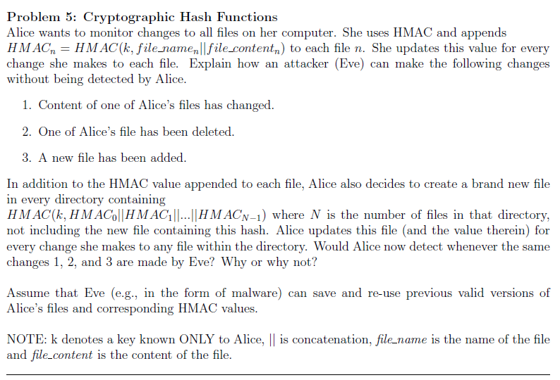 Problem 5: Cryptographic Hash Functions Alice wants | Chegg.com