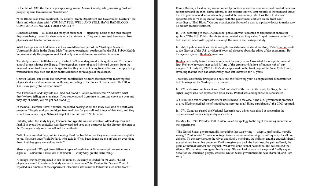 Solved Read the attached case study about the Tuskegee | Chegg.com