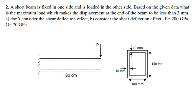 Solved 2. A short beam is fixed in one side and is loaded in | Chegg.com