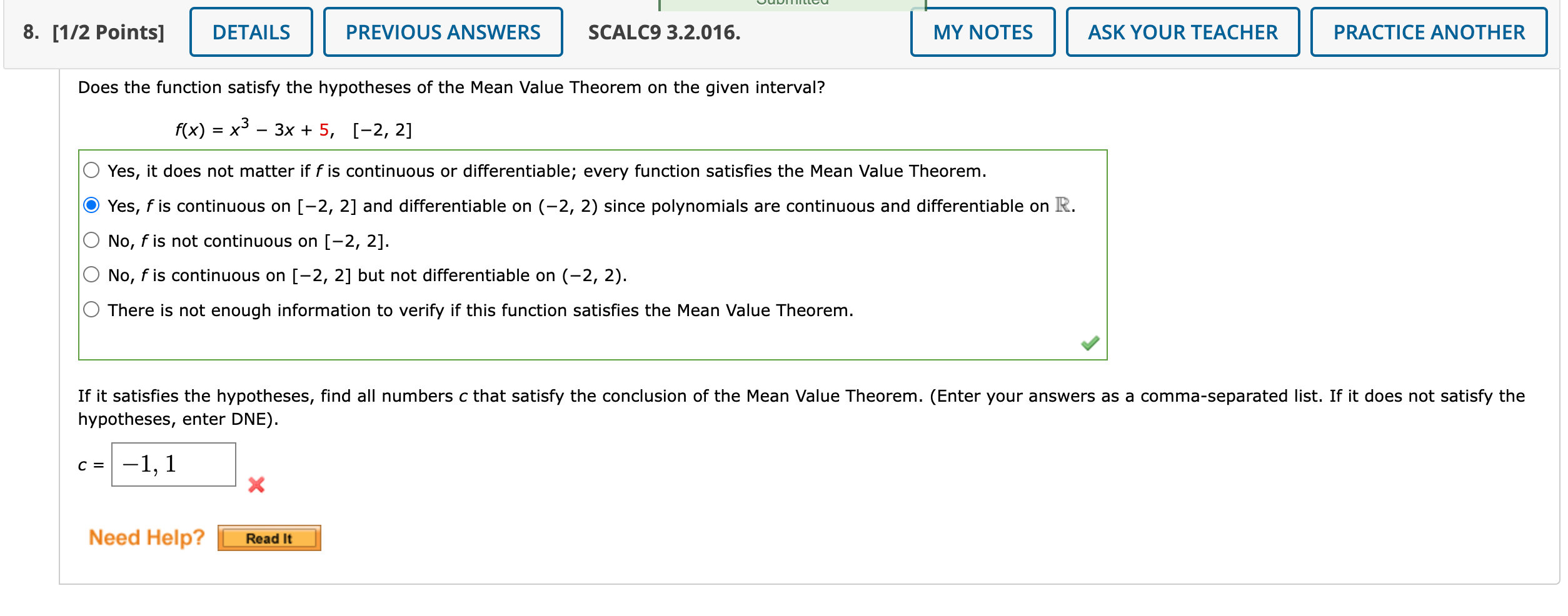 Solved Does the function satisfy the hypotheses of the Mean | Chegg.com
