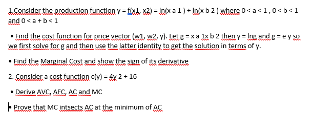 Solved 1.Consider the production function y = f(x1, x2) = | Chegg.com