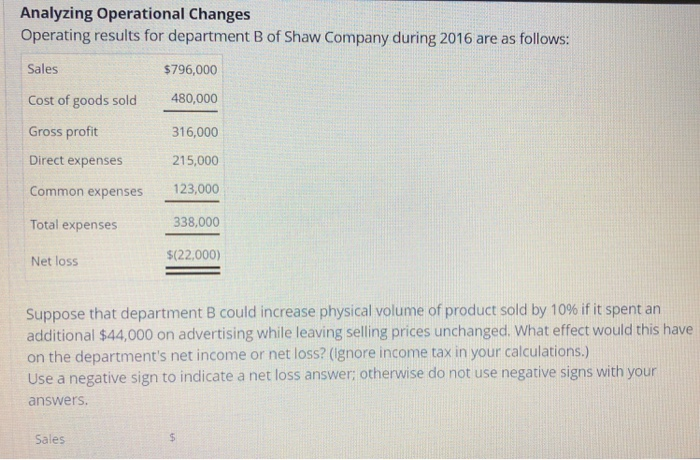 Solved Analyzing Operational Changes Operating results for | Chegg.com