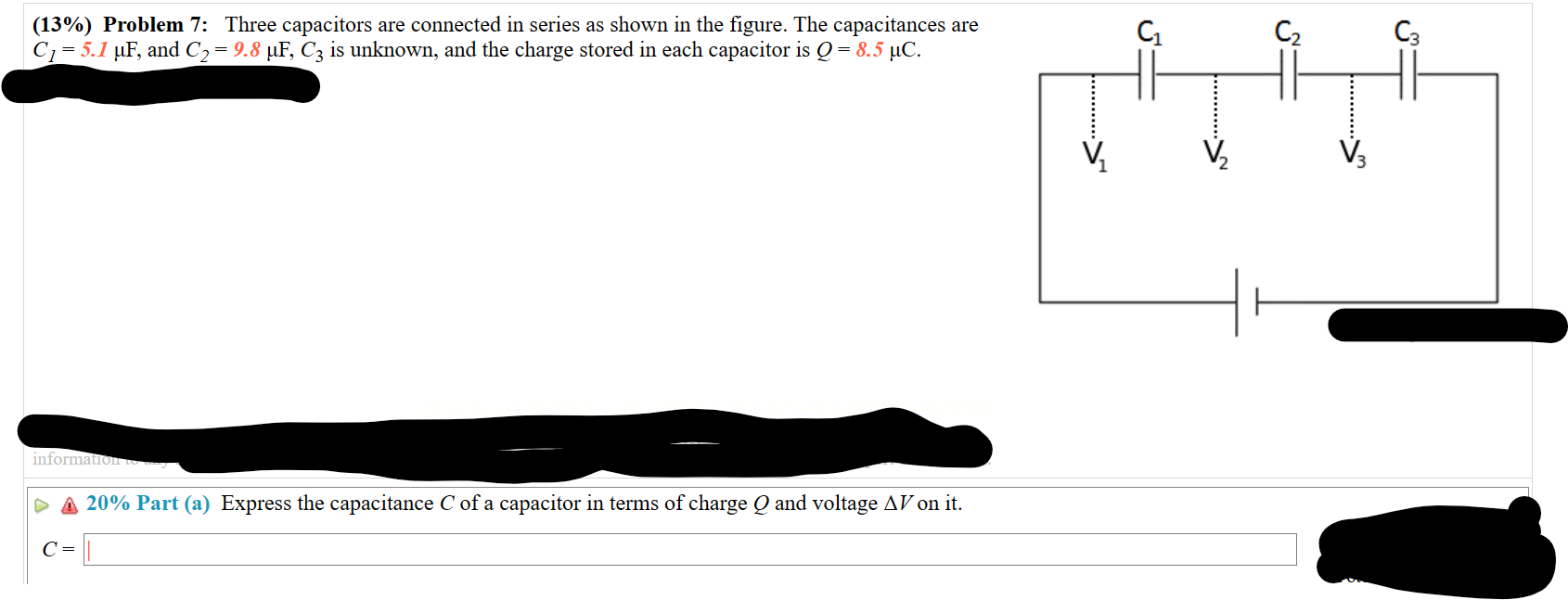 Solved (13\%) Problem 7: Three capacitors are connected in | Chegg.com