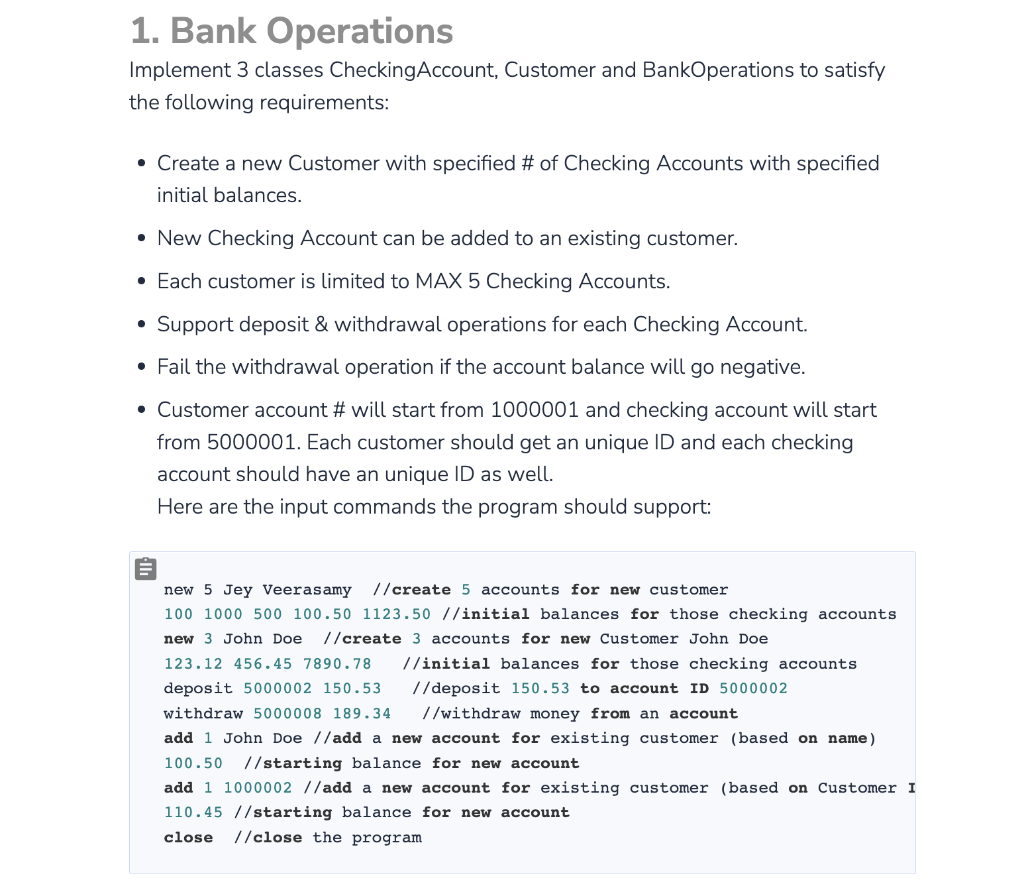 1. Bank Operations Implement 3 classes | Chegg.com