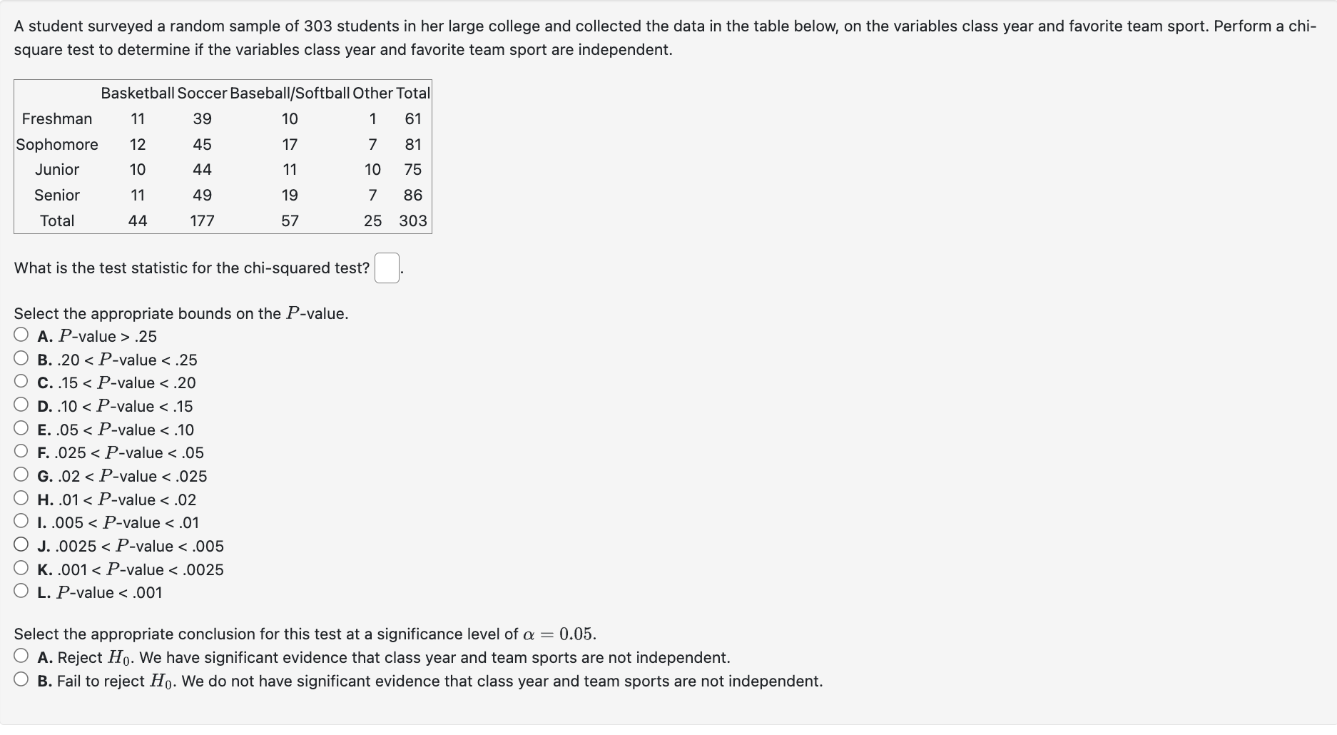 Solved A student surveyed a random sample of 303 students in | Chegg.com