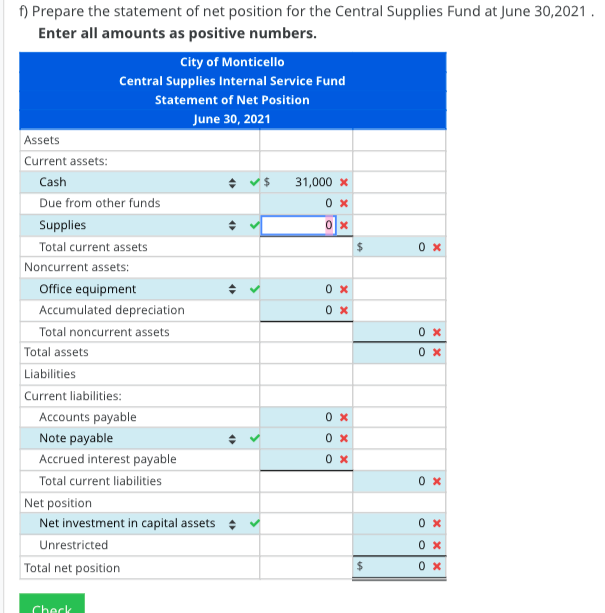$ OX f) Prepare the statement of net position for the | Chegg.com