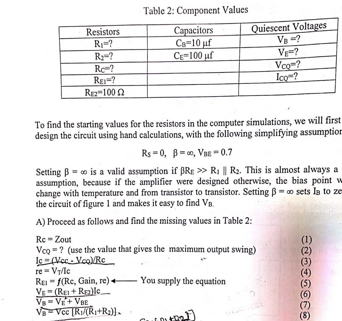 Solved Table 2: Component Values To find the starting values | Chegg.com