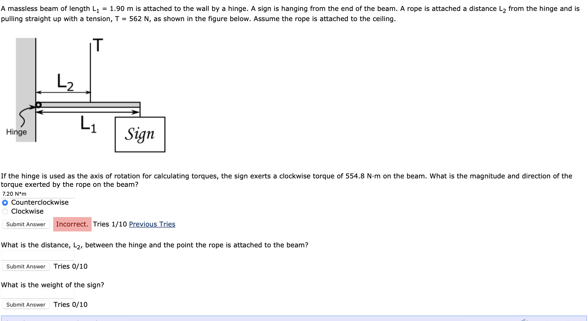 Solved A massless beam of length L1=1.90 m is attached to | Chegg.com
