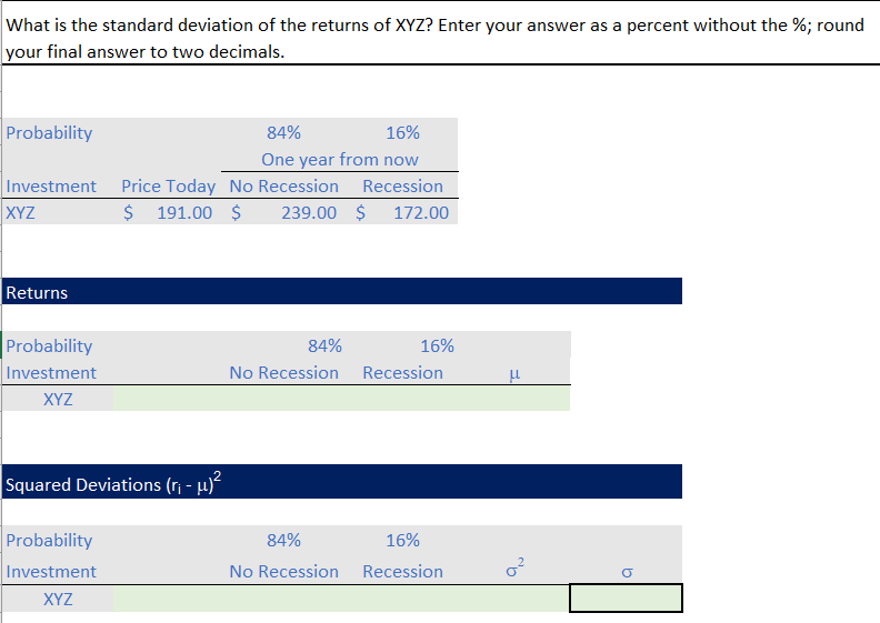 Solved What is the standard deviation of the returns of XYZ? | Chegg.com