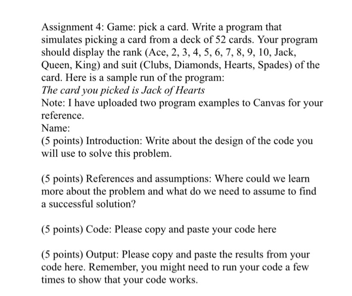 Assignment 4: Game: pick a card. Write a program that | Chegg.com