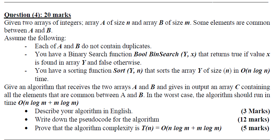 Solved Question (4): 20 marks Given two arrays of integers; | Chegg.com