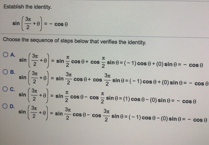 Solved Establish the identity. sin(3t+8)= Choose the | Chegg.com
